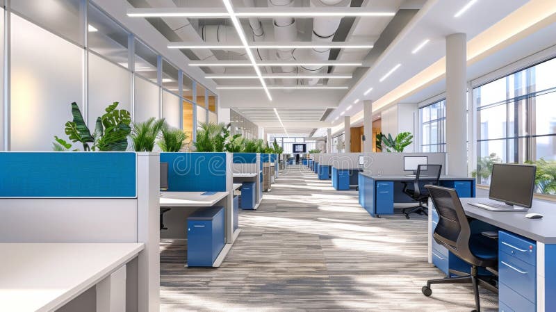 Blue and White Desks and Chairs in Empty Office Stock Photo - Image of ...