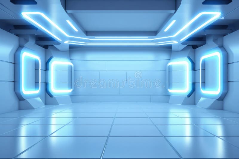 Blue and White Digital Scene or Room. White Lights. Futuristic ...