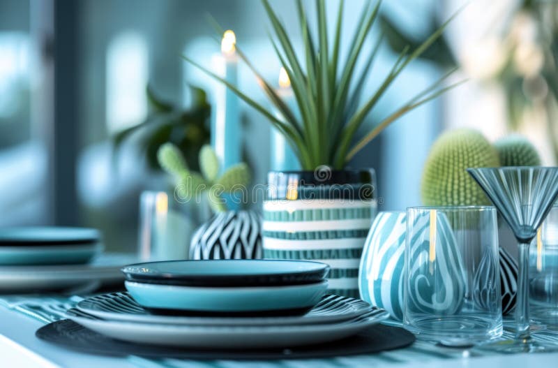 Blue and White Dinner Table Setting with Plate and Plants Stock Photo ...