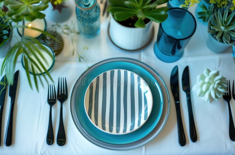 Blue and White Dinner Table Setting with Plate and Plants Stock Image ...