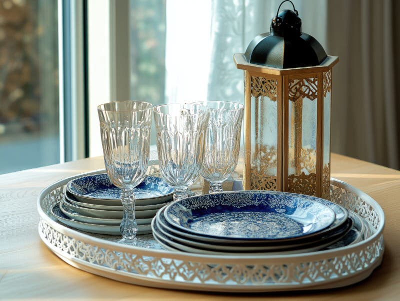 Blue and White Dinnerware Set on Tray Stock Image - Image of tableware ...
