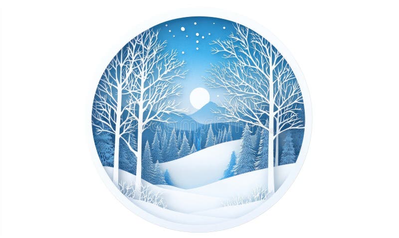 A Blue and White Drawing of a Snowy Landscape with Trees and a Moon ...