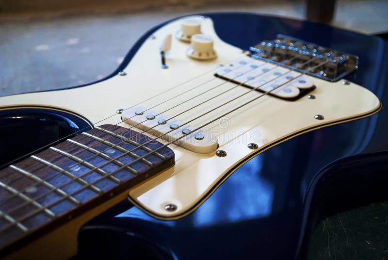Blue-white Electric Guitar Close-up. the Strings Stock Photo - Image of ...