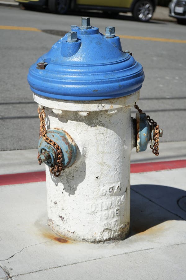 Blue and White Fire Hydrant on the Sidewalk in the Sun. San Francisco ...
