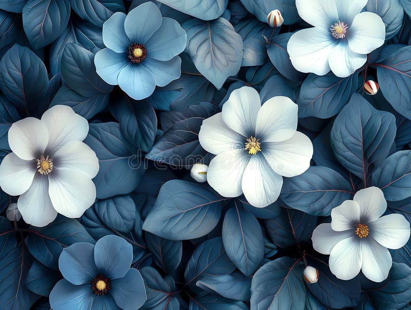 Blue and White Floral Background. Stunning 3D Render of Flowers and ...