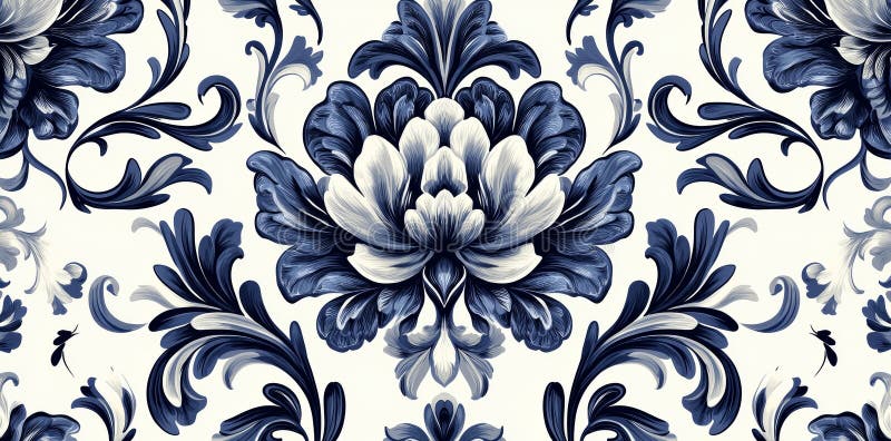 Blue and White Floral Pattern with Curvy Vines, Illustration, Floral ...