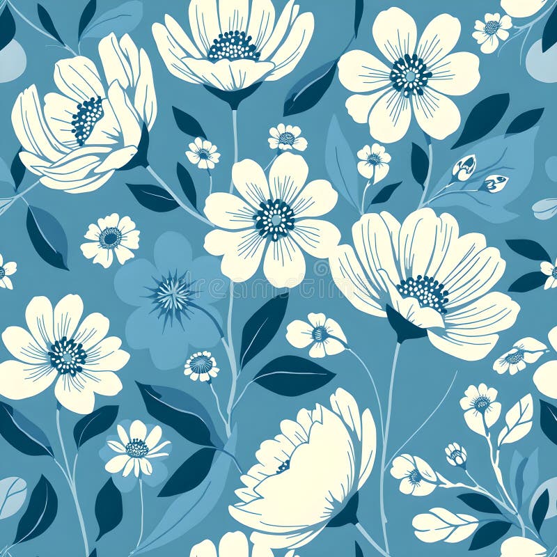 Blue and White Floral Pattern with Flowers and Leaves Stock ...