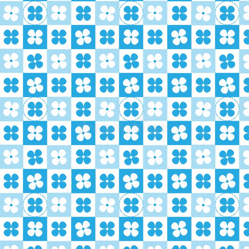 Blue and White Flower Checkered with Dashed Line Circle Pattern Stock ...