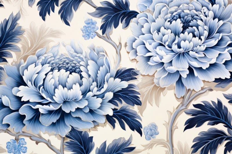 Blue and White Flower Pattern on Wallpaper Background. Generative AI Stock Photo - Image of leaf ...