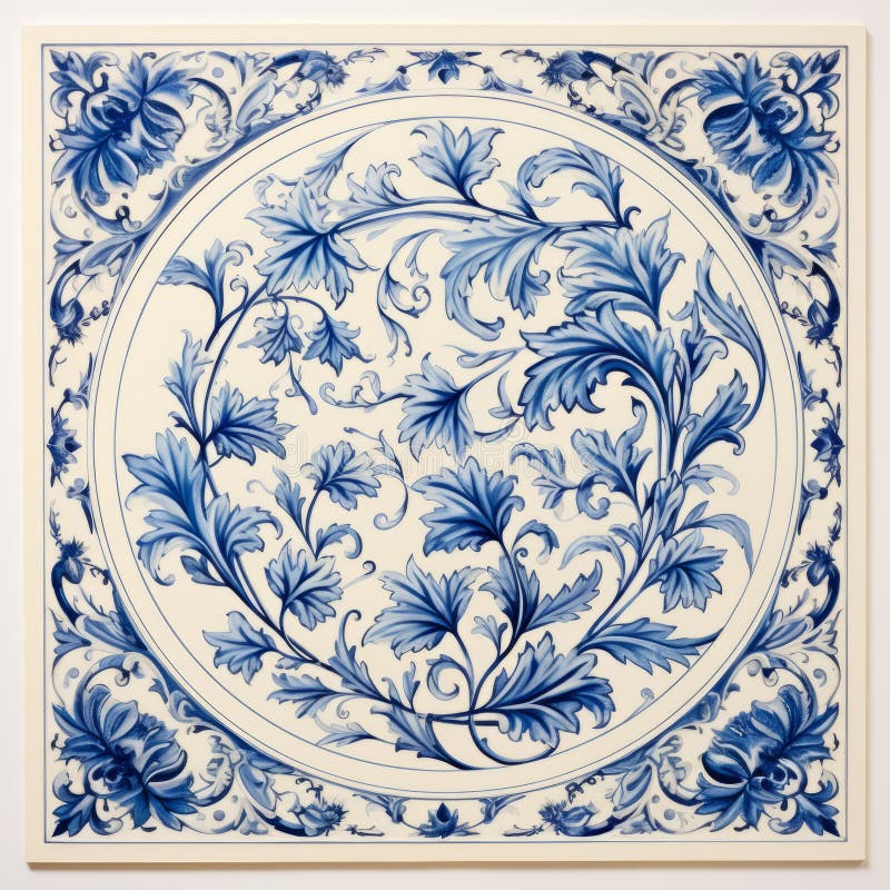 Blue and White Foliage Ceramic Tile with Rococo-inspired Art Stock ...