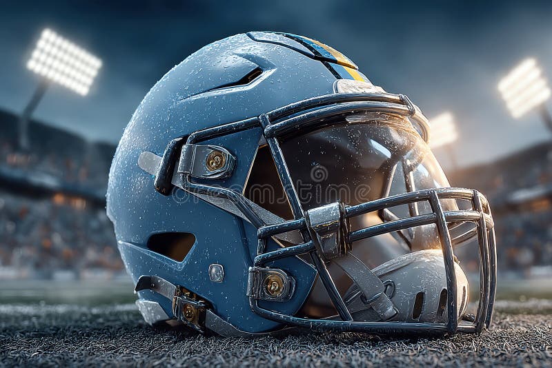 Blue and White Football Helmet on Artificial Turf, Upside-down ...