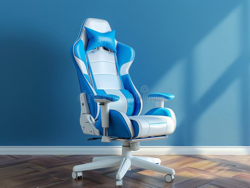 A Blue and White Gaming Chair in Front of a Wall Stock Photo - Image of ...