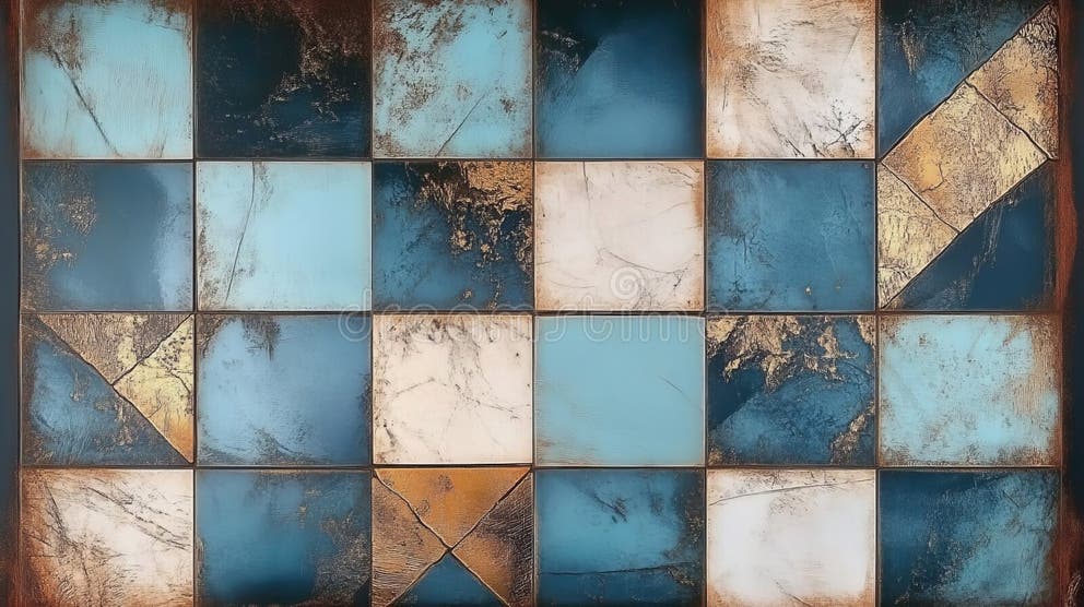 Blue, White, and Gold Distressed Square Tile Pattern Background, Modern ...