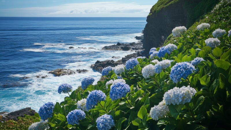 Blue and White Hydrangeas Overlooking the Ocean Stock Illustration ...