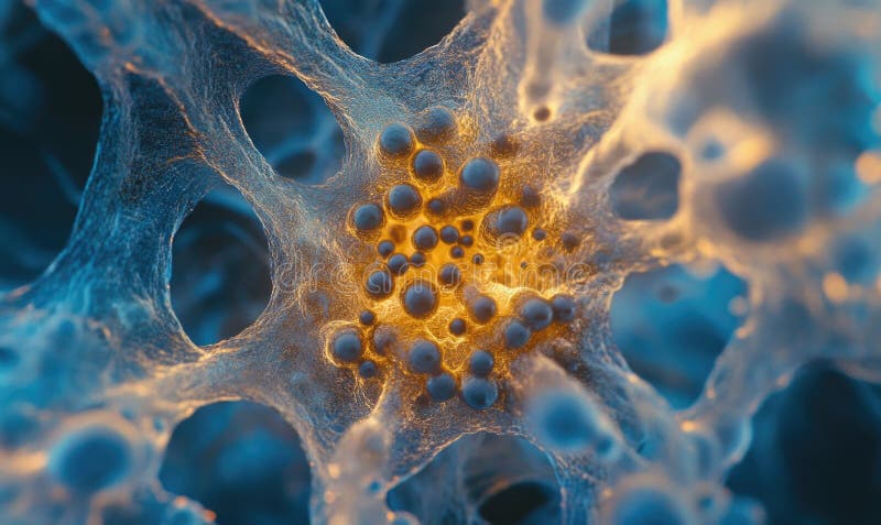 A Blue and White Image of a Cell with Many Small Spheres Stock Image ...