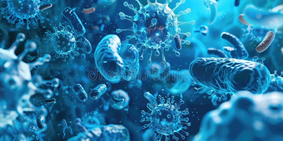 A Blue and White Image of Microscopic Organisms, Including Bacteria and ...