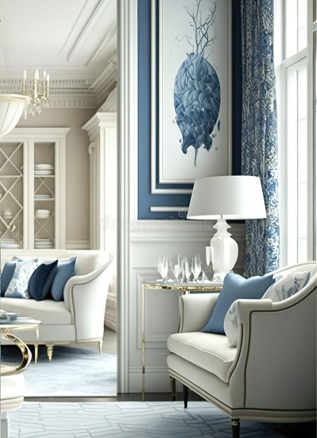Blue and White Interior Design. Generative Ai Stock Illustration ...