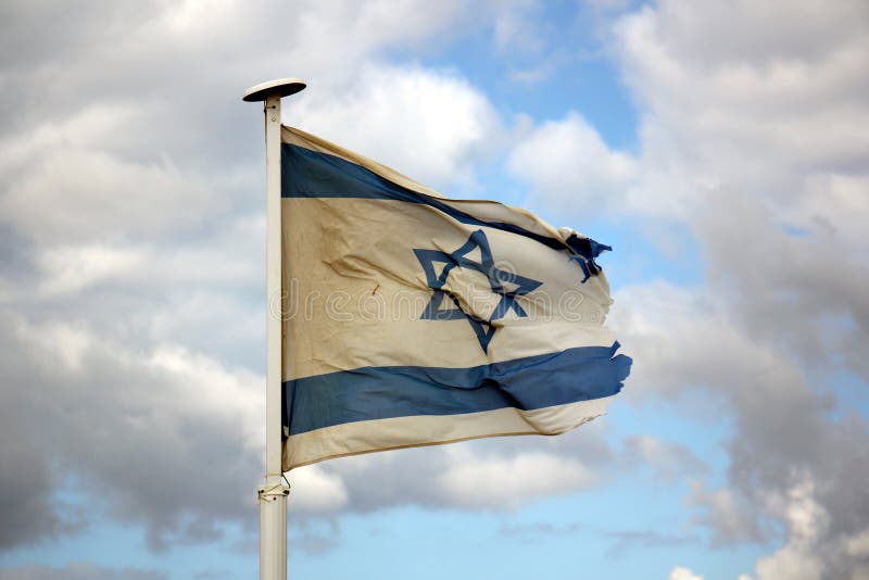 Blue - white Israeli flag stock photo. Image of clouds - 114932430