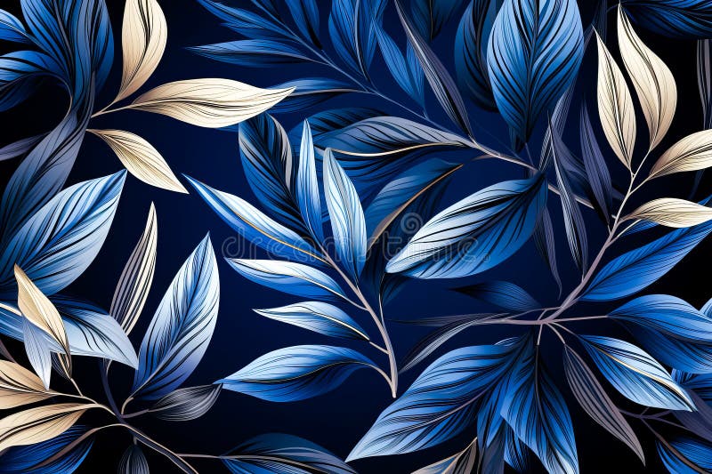 Blue and White Leaves Pattern on Black Background with Blue Background. Generative AI Stock ...