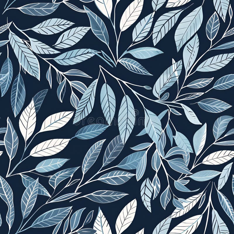 Blue and White Leaves Pattern on a Dark Background Stock Illustration - Illustration of delicate ...