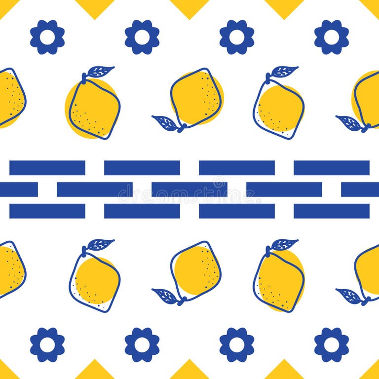 Blue and White Lemon Mediterranean Seamless Tile Pattern. Stock Vector ...
