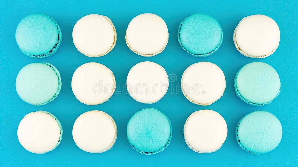 Blue and White Macarons Arranged on Blue Background Stock Image - Image ...