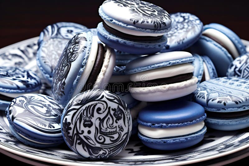 Blue and White Macaroons on a Plate, Toned Stock Illustration ...
