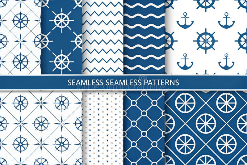 Blue & White Marine Nautical Geometric Patterns - Seamless Design (EPS 10 Stock Illustration ...