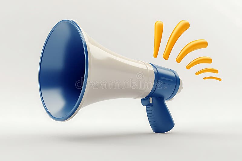 Blue and White Megaphone Angled Dynamically with Orange Burst Radiating ...