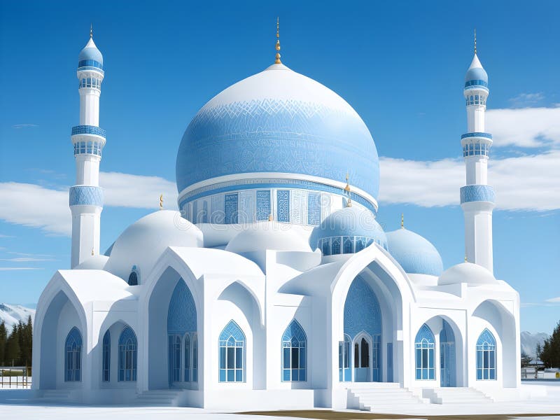 A Blue and White Mosque with a Blue Dome and the Words the Mosque on ...