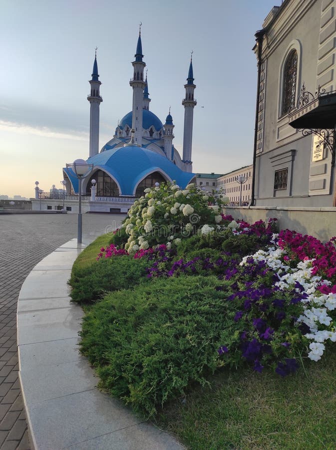Blue and White Mosque in Summer at Sunset Stock Photo - Image of urban ...