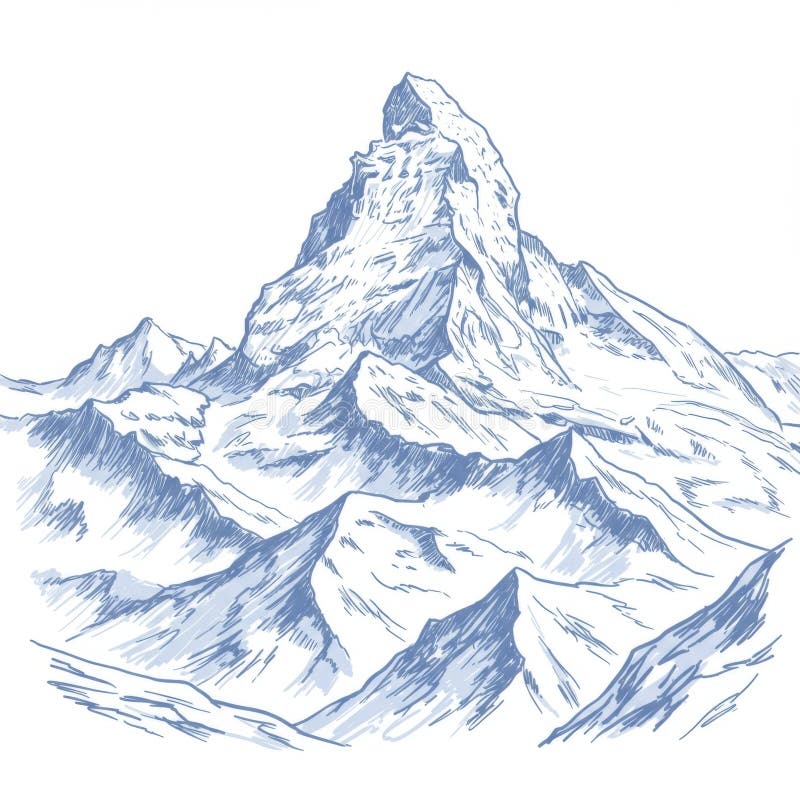 Blue and White Mountain Peak Drawing Stock Illustration - Illustration ...