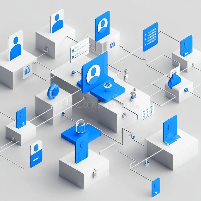 Blue and White Network of Connected Devices and Icons on White Blocks ...