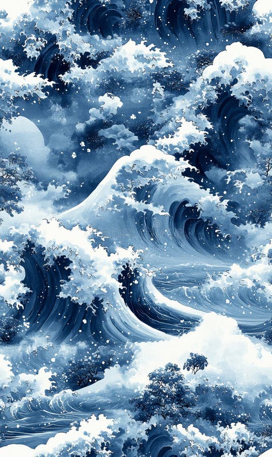 A Blue and White Ocean Wave Pattern with a Mountain in the Background ...