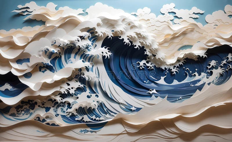 A Blue and White Paper Layered Art Japanese Giant Waves Stock ...