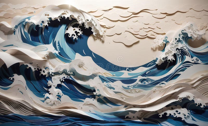 A Blue and White Paper Layered Art Japanese Giant Waves Stock ...