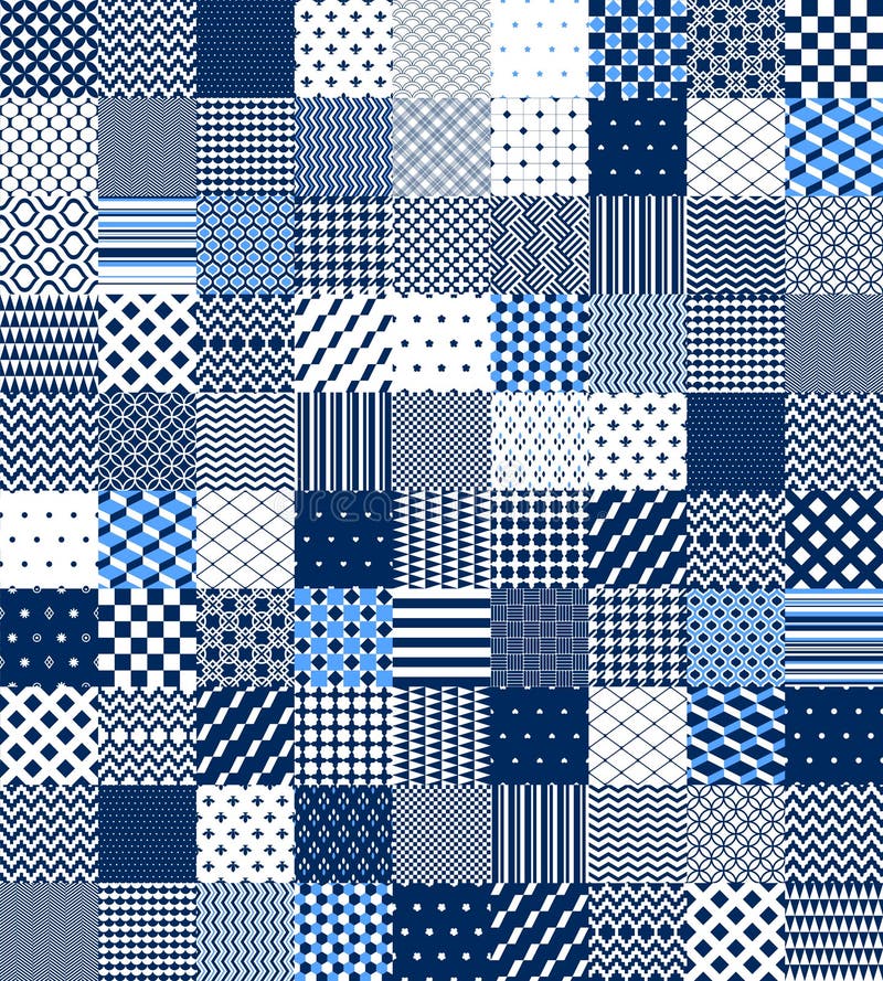 Blue and White Patchwork Quilted Geometric Seamless Pattern, Vector Set ... Blue and White Patchwork Quilted Geometric Seamless Pattern, Vector Set ...
