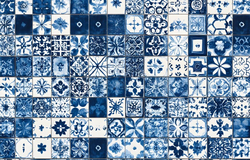 Blue and White Spanish Tile Patchwork Pattern Stock Illustration - Illustration of graphic ...