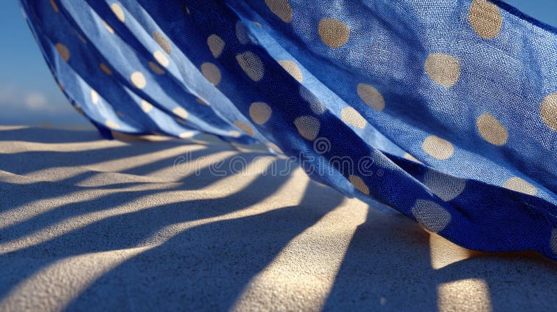 Blue and White Polka Dot Fabric Draped on Sandy Beach Stock ...