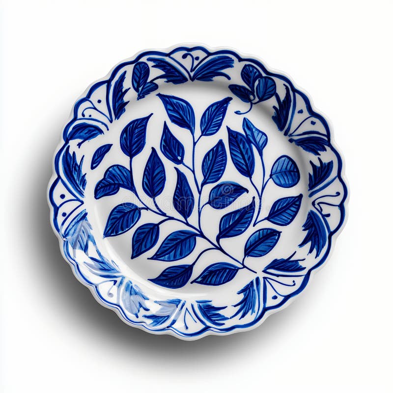 Blue and White Porcelain Plate with Intricate Leaf Pattern Stock ...