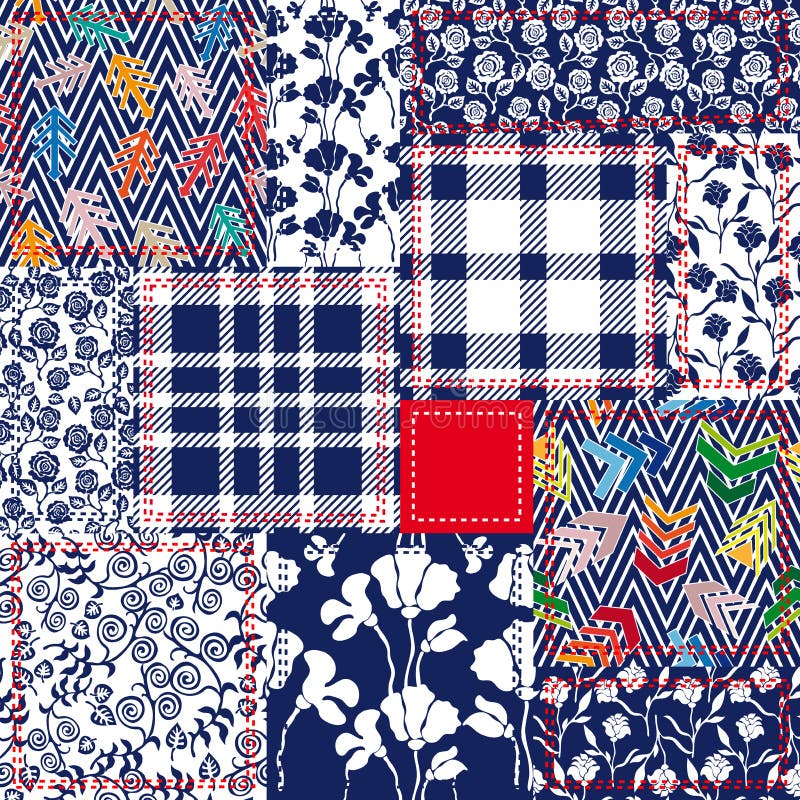 Blue, White and Red Patchwork. Bohemian Style Collage Made from Cotton ...