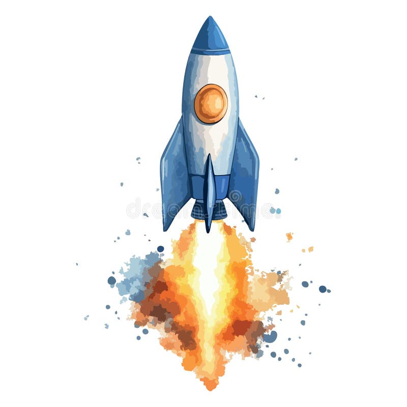 Blue and White Rocket is Flying through the Air. the Rocket is in the ...