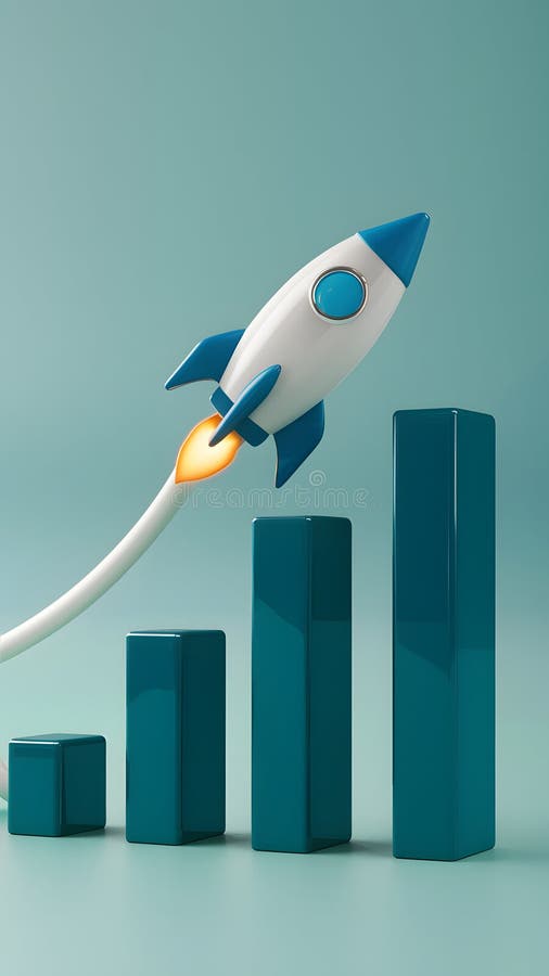 Blue and White Rocket Flying Over Bar Graphs, Reaching Highest Point ...