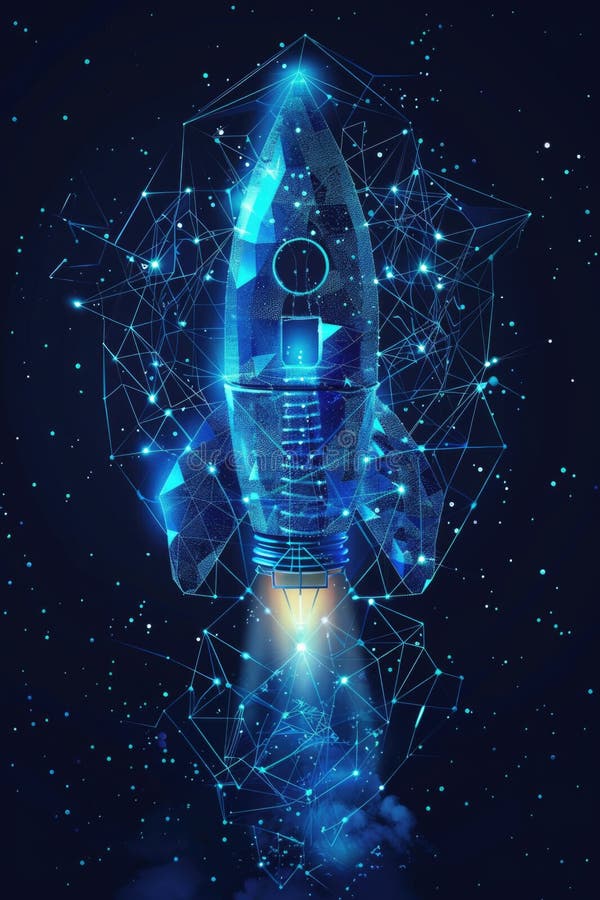 A Blue and White Rocket Ship Soaring through the Clouds, Ideal for Sci ...