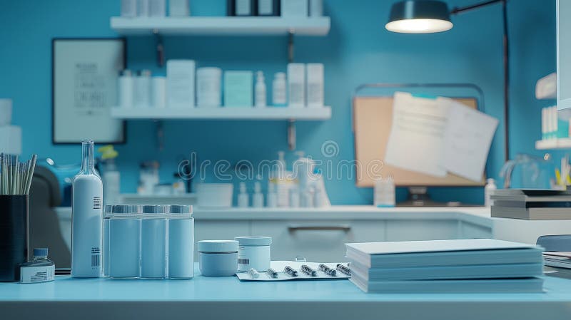A Blue and White Room with a Desk and a Computer Stock Image - Image of ...
