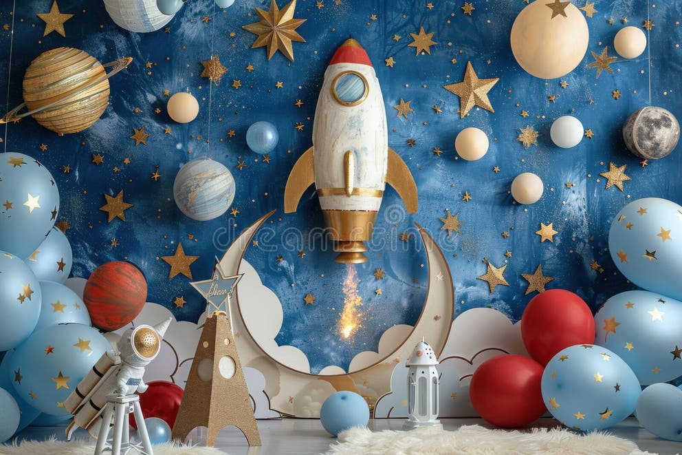 A Blue and White Room with a Rocket and Planets on the Wall Stock Photo ...