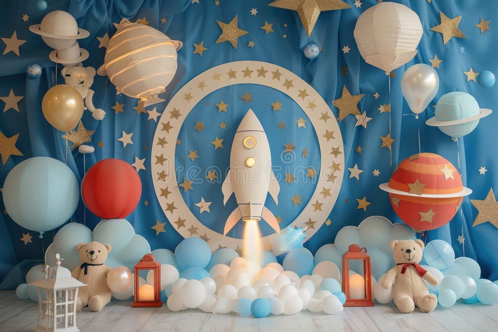 A Blue and White Room with a Rocket and Planets on the Wall Stock Photo ...