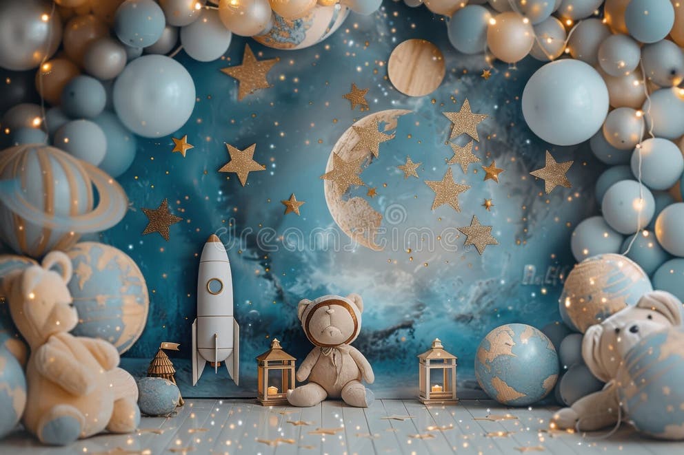 A Blue and White Room with a Rocket and Planets on the Wall Stock Photo ...