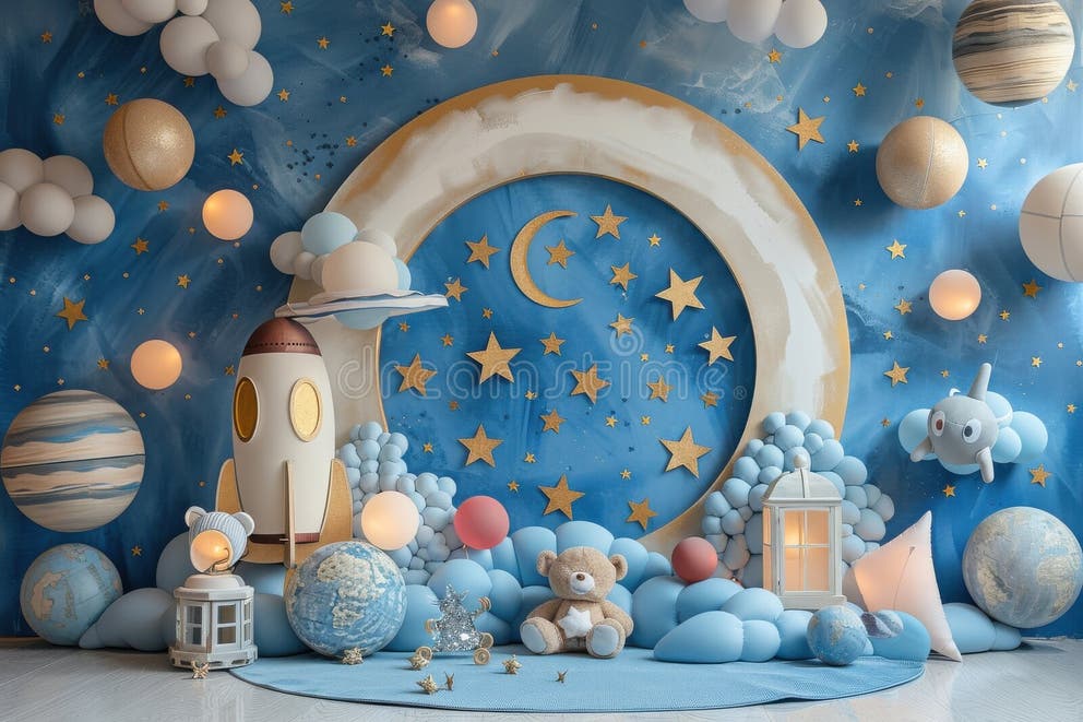 A Blue and White Room with a Rocket and Planets on the Wall Stock Image ...
