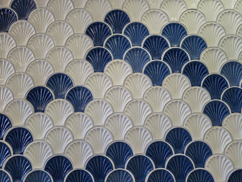 Sea Shell Tiles Pattern with Blue and White Tiles Stock Image - Image ...